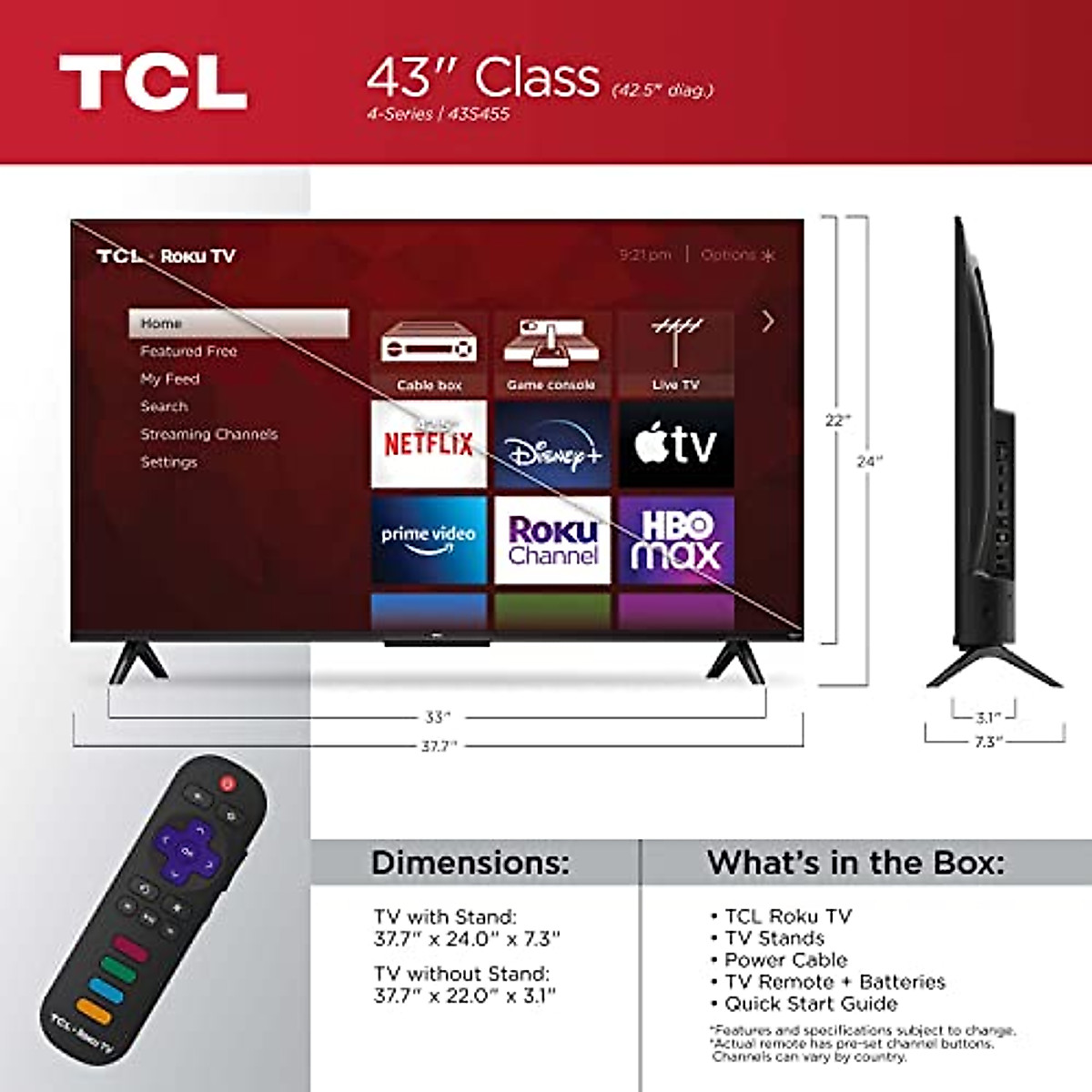 TCL 43" Class 4-Series 4K UHD HDR Smart Roku TV – 43S455, Black