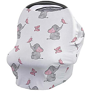 Car Seat Covers for Babies, Elephant Nursing Breastfeeding Covers Stretchy Breathable Baby Carseat Canopy Cover for Girls and Boys Shower Gifts, Pink Butterfly Infant Carseat Canopy