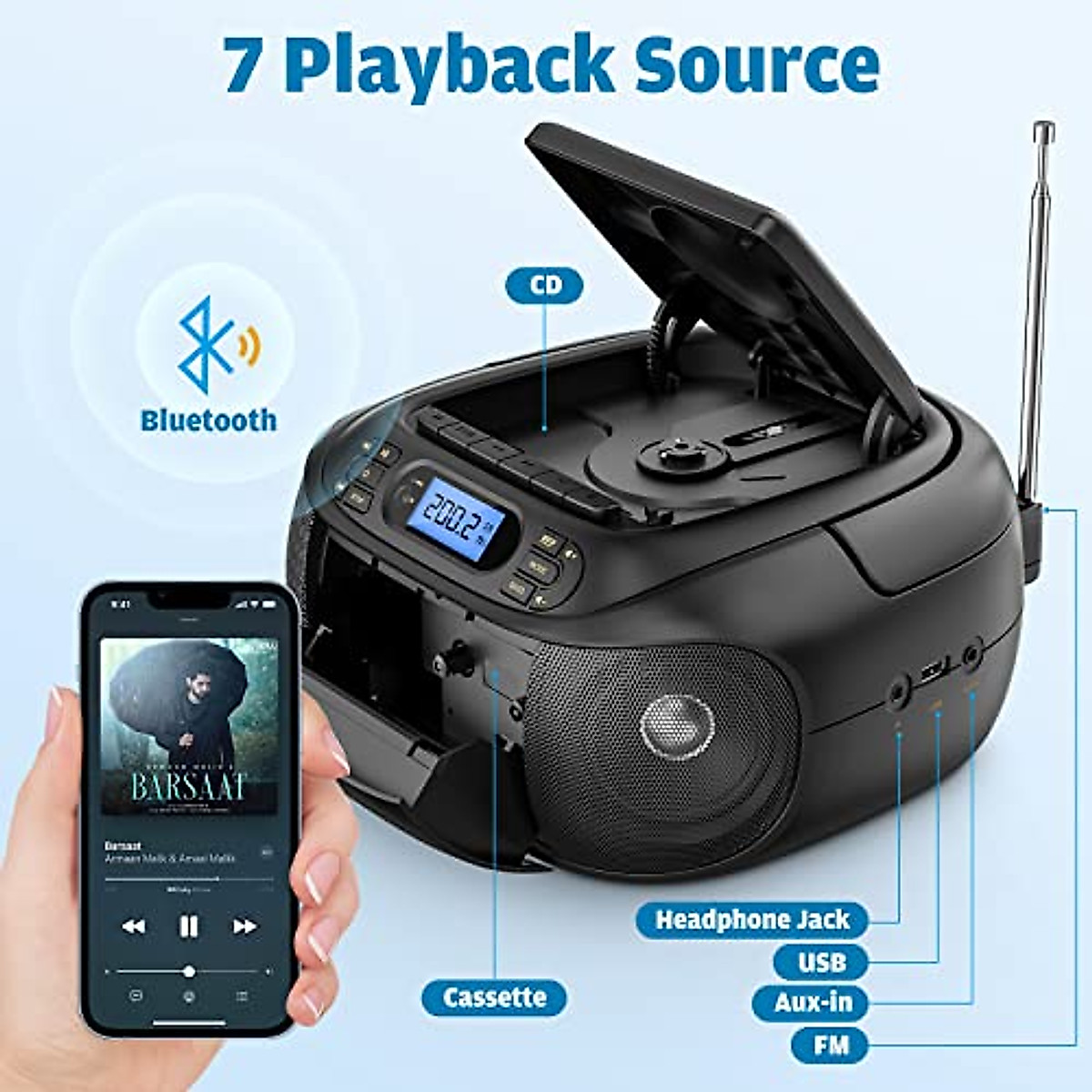 Portable CD Player with Bluetooth, Hernpark Rechargeable Boombox CD Cassette Player Combo with FM Radio Built-in Stereo Sound System/Super Bass/AUX Input/USB Playback/Headphone Jack Output