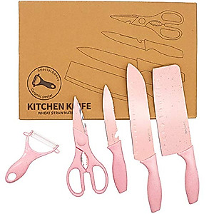 Kitchen Knife Set Pink - 5 Piece Cooking Knives, Non-Stick and Sharp Chef Knife Sets for Kitchen Cutting Meat, Scissors and Ceramic Peeler for Slicing, Paring Fruits and Vegetables