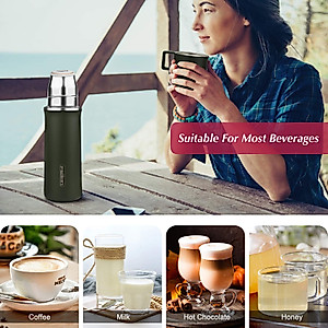 FEIJIAN Coffee Thermos with Cup,21 OZ Stainless Steel Water Bottle, Vacuum Insulated Water Bottle, Thermos for Hot Drinks/Cold Drinks, Leakproof Build-in Lid Cup Integrated Handle, Army Green