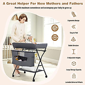HONEY JOY Changing Table, Folding Mobile Nursery Organizer w/Wheels, Adjustable Height, Storage Bag & Open Shelf, Portable Diaper Changing Station for Newborn (Gray, 31.5"x26"x40")