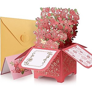 Giiffu Flowers Pop Up Card, Red Rose, 3D Paper Flowers Bouquet Greeting Cards with Note Card and Envelope for Mothers Day, Birthday, Valentine's Day, Anniversaries Card, All Occasion(7" x 6.7")