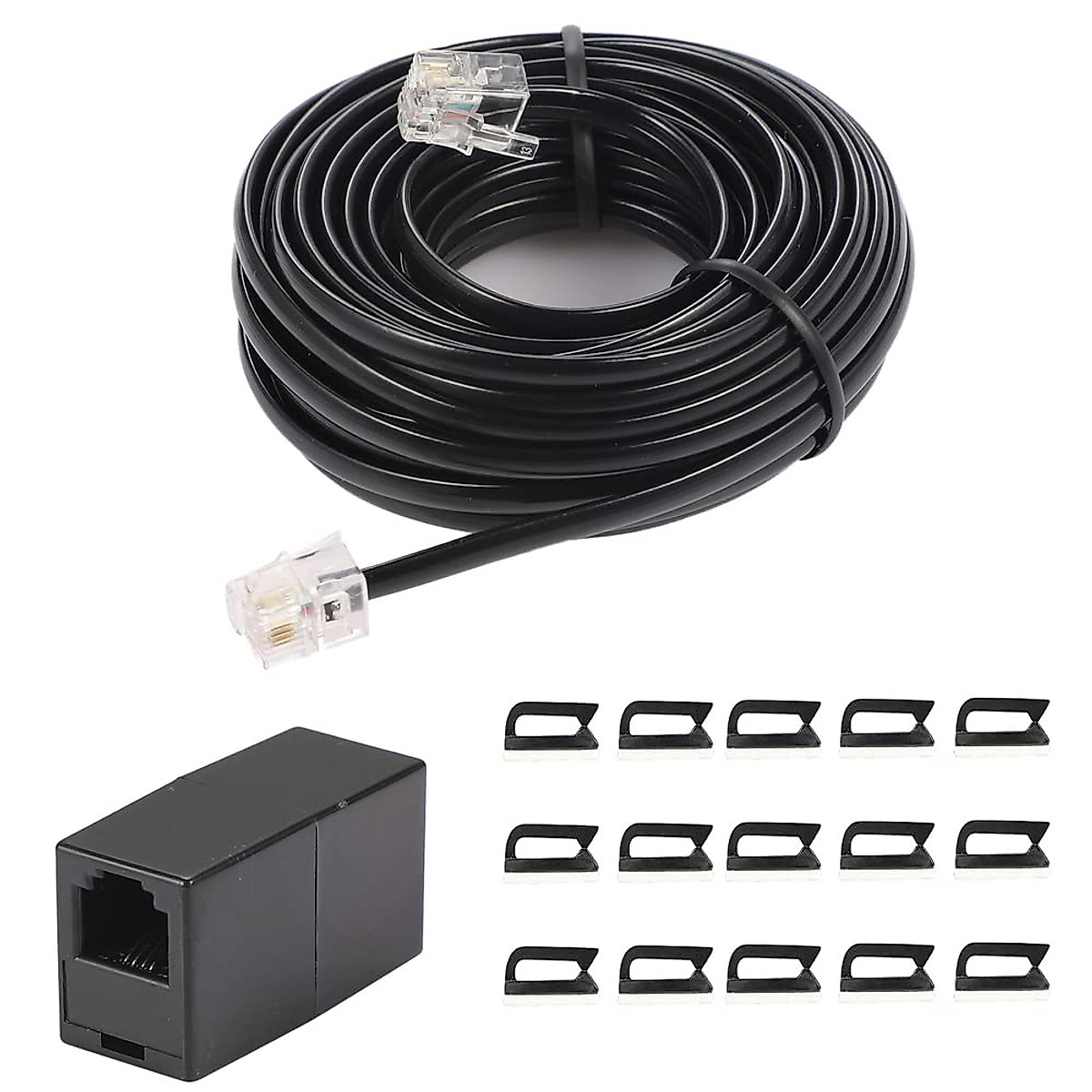 20Feet Long Telephone Extension Cord Phone Cable Line Wire, with Standard RJ11 Plug and 1 in-Line Couplers and 10 Cable Clip Holders-Black (20 Feet)