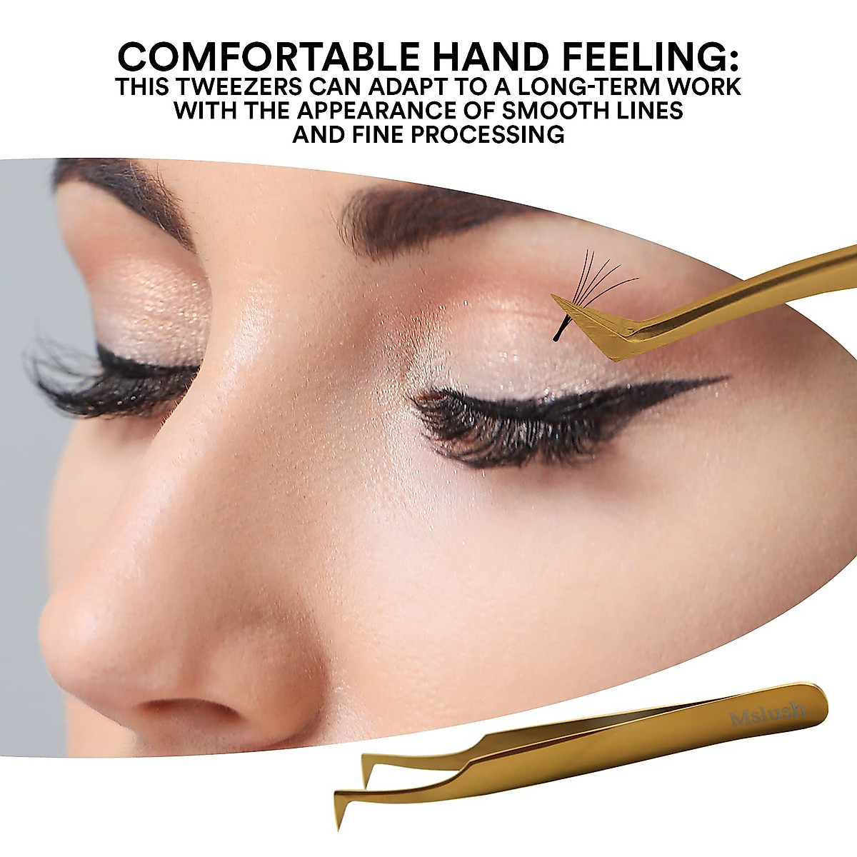 Volume Lashes Tweezers for Eyelash Extensions with High Precision Stainless Steel Gold Eyelash Extension Tweezers Mega L Curved Angled Tip Lash Extension Tweezers with Synthetic Leather Pouch
