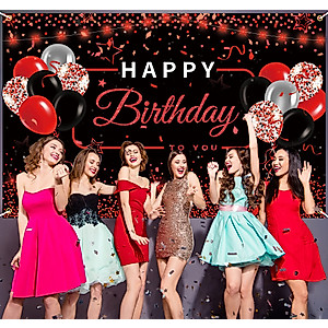Red and Black Happy Birthday Background Banner Sign Poster Large Fabric Glitter Balloon Fireworks Sign Birthday Photo Backdrop Background for Kid Adults Birthday Party Decoration Supplies,65 x 41 Inch