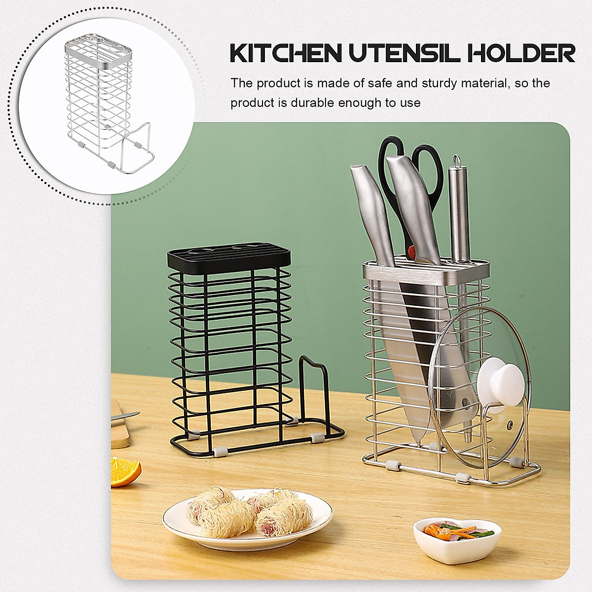 Hemoton Stainless Steel Knife and Cutting Board Stand, Knife Block Holder, Kitchen Knife Holder Storage Organizer, Kitchen Utensils Holder, Cutting Board Rack, Pot Pan Lid Holder for Counter, Cabinet