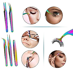 8 Pieces Eyelash Extension Tweezers Set Straight and Curved Tip False Lash Tweezers Eyelash Applicator Tool Stainless Steel Precision Tweezers for Eyelash Extension with Velvet Bag (Rainbow Color)