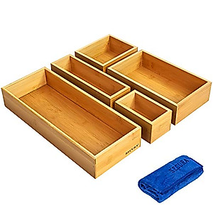 Secura Kitchen Drawer Utensil Organizer Box Set 5 Pack, Bamboo Utensil Holder Cutlery Makeup Silverware Jewelry Flatware Organization Tray for Kitchen, Bathroom, Office and Living Room