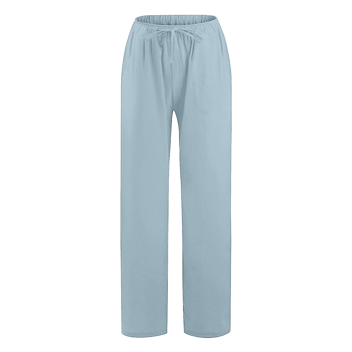 PETYCZEN Women's Cotton Linen Pants Summer Casual Elastic Waist Straight Leg Sweatpants Relaxed Fit Drawstring Wide Leg Pants Loose Beach Palazzo Pants Trousers with Pockets(C-Light Blue,X-Large)