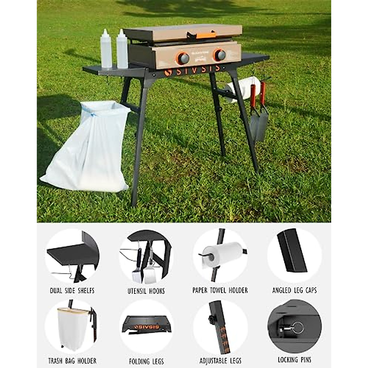 Griddle Stand for Blackstone 17''/22'' Griddle, Portable Blackstone Stand with Sideshelfs, Tool Hooks, Paper Towel Holder and Garbage Bag Holder, Foldable Grill Stand for Ourdoor Tailgating or Camping