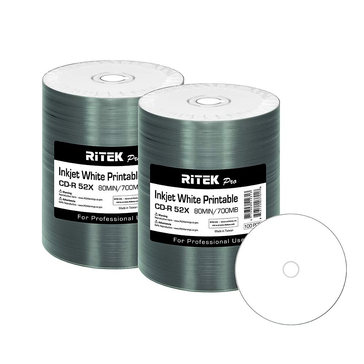 200 Pack Ritek Pro (Professional Grade) CD-R 52X 700MB White Inkjet Hub Printable Blank Media Recordable Disc