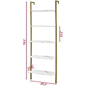 Tajsoon 5-Tier Ladder Shelf, Large Wall Mount Bookshelf with Metal Frame, Open Display Shelves for Living Room, Bedroom, Home, Plant Flower, White & Gold