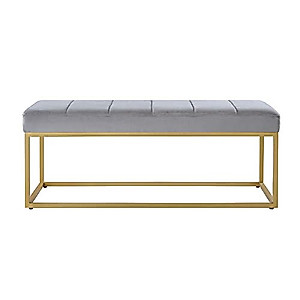 24KF Gray Velvet Upholstered Tufted Channel Bench, Velvet Cushion with Golden Metal Frame -Gray/Golden