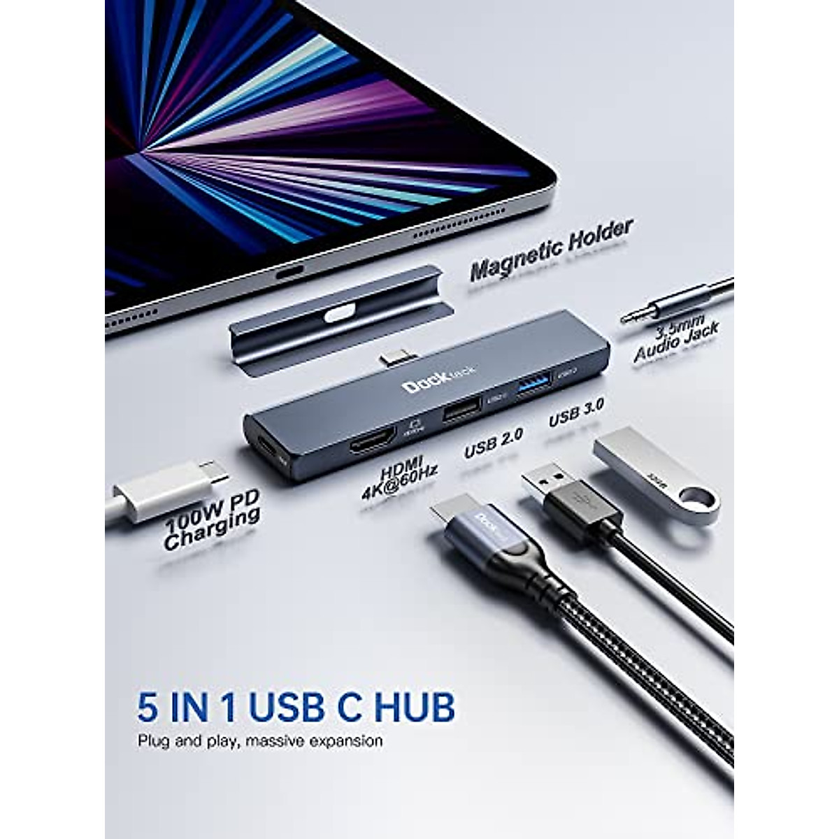 iPad Pro USB C Hub Multiport Adapter - Dockteck USBC Hub 5 in 1 with 100W PD, 4K 60Hz HDMI, Audio, USB 3.0, USB C Dock with Magnetic Grip for iPad Pro 12.9 2021 2020 2018, iPad Air, iPad Mini 6