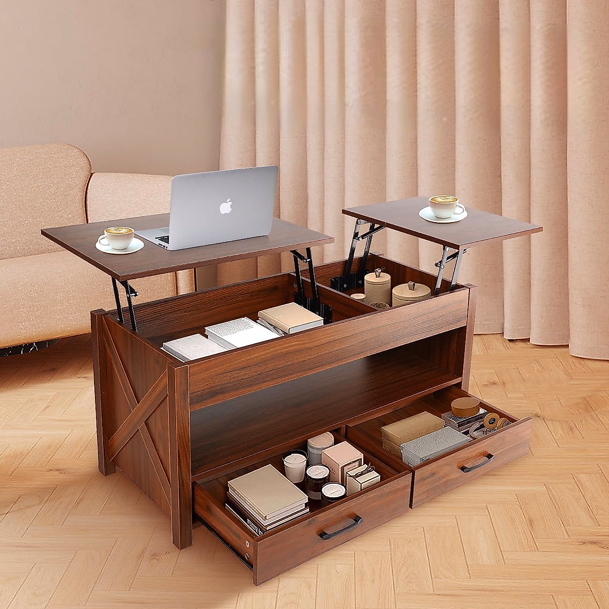 CLATINA Lift Top Coffee Table with Drawers and Hidden Compartment, 43.3'' Retro Center Coffee Table for Living Room, Farmhouse Coffee Table with Wooden Lift Tabletop, Espresso