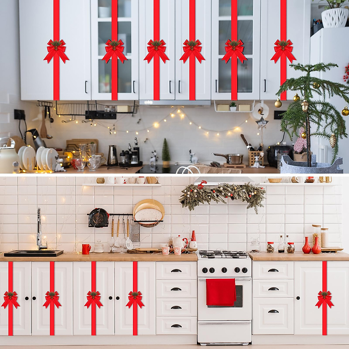 Crowye 8 Pcs Christmas Cabinet Ribbons Bows with Pine Cone Large Christmas Cabinet Door Ribbon Cabinet Bows for Indoor Furniture Kitchen Window Home Door Holiday Party Supplies (Red and Black Plaid)