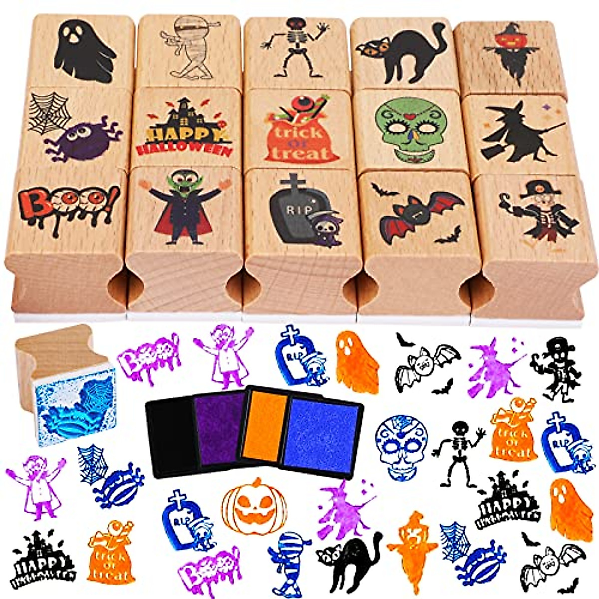 HOWAF 16pcs Halloween Stamps for Kids Crafts with Ink Pad 4pcs, Wooden Stamps for Kids Halloween DIY Scrapbooking Card Making, Halloween Party Bag Fillers for Kids Halloween Party Favor Gift