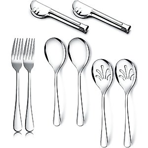 Hohscheid Stainless Steel Flatware Serving Utensils, 8 Pieces Buffet Catering Party Banquet Flatware Serving Set, Include Serving Spoons, Slotted Spoons, Tongs and Forks
