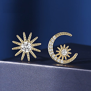 Golden Star Crescent Moon Stud Earrings S925 Silver Clear CZ Sun Ear Studs Piercing Earring Set for Women Girls