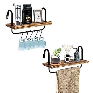 YCOCO Coffee Cup Holder,Set of 2 Rustic Wall Mounted Coffee Mug Rack with 10 Hooks Coffee Bar Accessories Wood Tea Cup Hanger for Organizing Cooking Utensils,Home Kitchen Coffee Station Decor