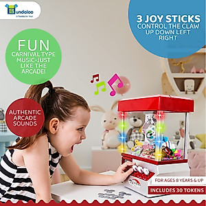 Bundaloo Claw Machine Arcade Game - Electronic Mini Candy and Toy Grabber Dispenser for Kids - with Lights Sound & 4 Mini Plush Animals (Red)