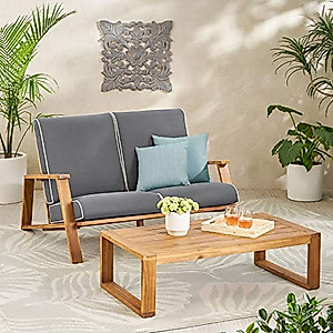 Christopher Knight Home Eartha Outdoor Loveseat Set with Coffee Table, Teak Finish, Dark Gray