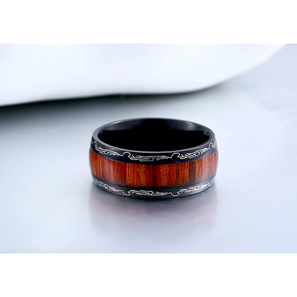 HIJONES Unisex Stainless Steel Rings Koa Real Wood Wedding Engagement Ring Band High Polished Finish Black Size 7