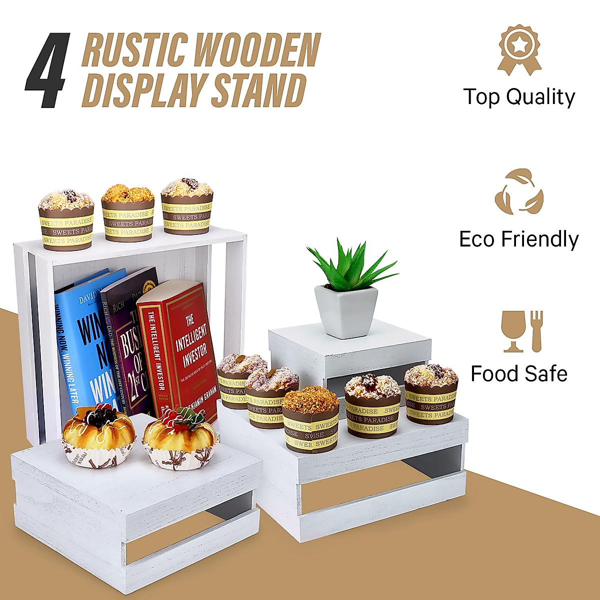 Set of 4 Rustic White Wooden Display Risers: Stackable Rustic Cake Stands, Whitewashed Decorative Cupcake & Appetizer Boxes for Wedding, Birthday, Parties - Versatile Dessert and Food Showcase
