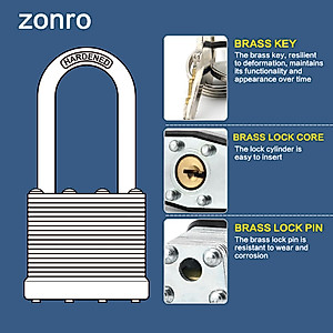 ZonRo Locks Laminated Steel Keyed Padlocks Keyed Alike Locks, Long Shackle Padlocks, for Hasp Latch, Sheds, Fences, Storage Locker, School, Gym，Pack of 6