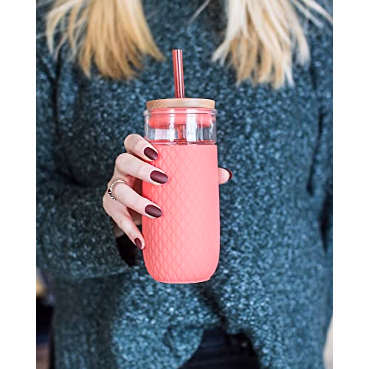 Ello Devon Glass Tumbler with Splash Proof Wooden Lid and Straw, Protective No Sweat Silicone Sleeve, Perfect for Smoothies and Iced Coffee, BPA Free, Dishwasher Safe, Multicolor, 18oz