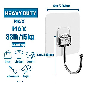 Large Adhesive Hooks 33lbs/15kg(Max),Wall Hooks for Kitchen, Bathroom,Entryway,Pantry–Multifunctional Transparent Wall Hooks Heavy Duty–Waterproof and Oilproof Hanging Hooks (10 Pack)