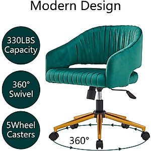 Home Office Chair Swivel Velvet Desk Chair Modern Cute Green Desk Chair with Gold Base for Girls Women Ergonomic Study Seat Computer Task Stools for Living Room (Green)