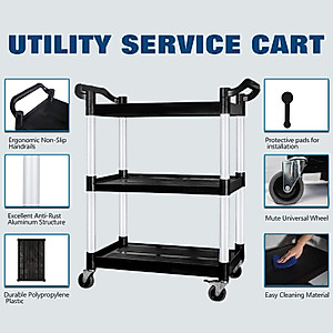 Abacad Plastic Commercial Cart Large Size, Restaurant Cart with Wheels Lockable, Heavy Duty Utility Service Cart for Foodservice, Commercial,Office, Warehouse, Black, 40.15X 19.29x 38.97 inches.