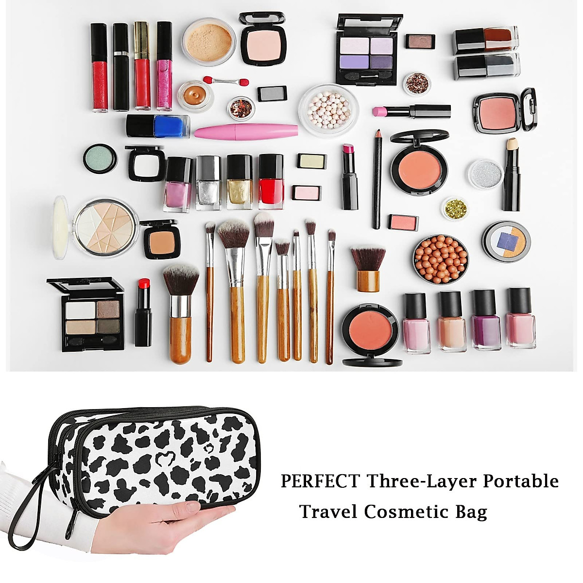 Fustylead Black White Milk Cow Skin Print Large Pencil Pen Case Stationery Bag, 3 Compartments School College Office Desk Organizer Storage Pouch Marker for Teen Boys Girls Students