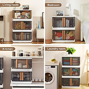 BROVIEW V6 Stackable Storage Bins with Lids, 19Gal Collapsible Plastic Storage Bins With Wheels, Folding Storage Cabinet with Doors, Foldable Toy Clothes Organizer for Closet Home Dorm, 1 Pack White