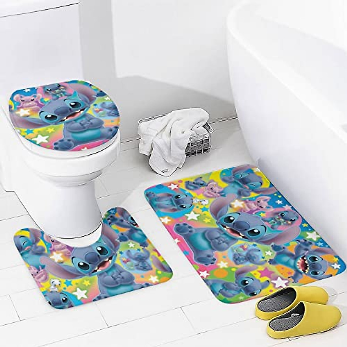 fmsnupz Cartoon Shower Curtain 4PCS Set, Cute Bathroom Decor with Non-Slip Rugs, Toilet Lid Cover and Bath Mat, Waterproof Fabric Shower Curtains with 12 Hooks, 70.8"x70.8"