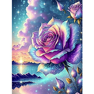 ijbnhd DIY Rose Diamond Painting Kits for Adults - Sunset 5D Diamond Art Kits, Full Drill Diamond Painting Kits, Gem Arts and Crafts for Beginner Home Wall Decor 12X16in