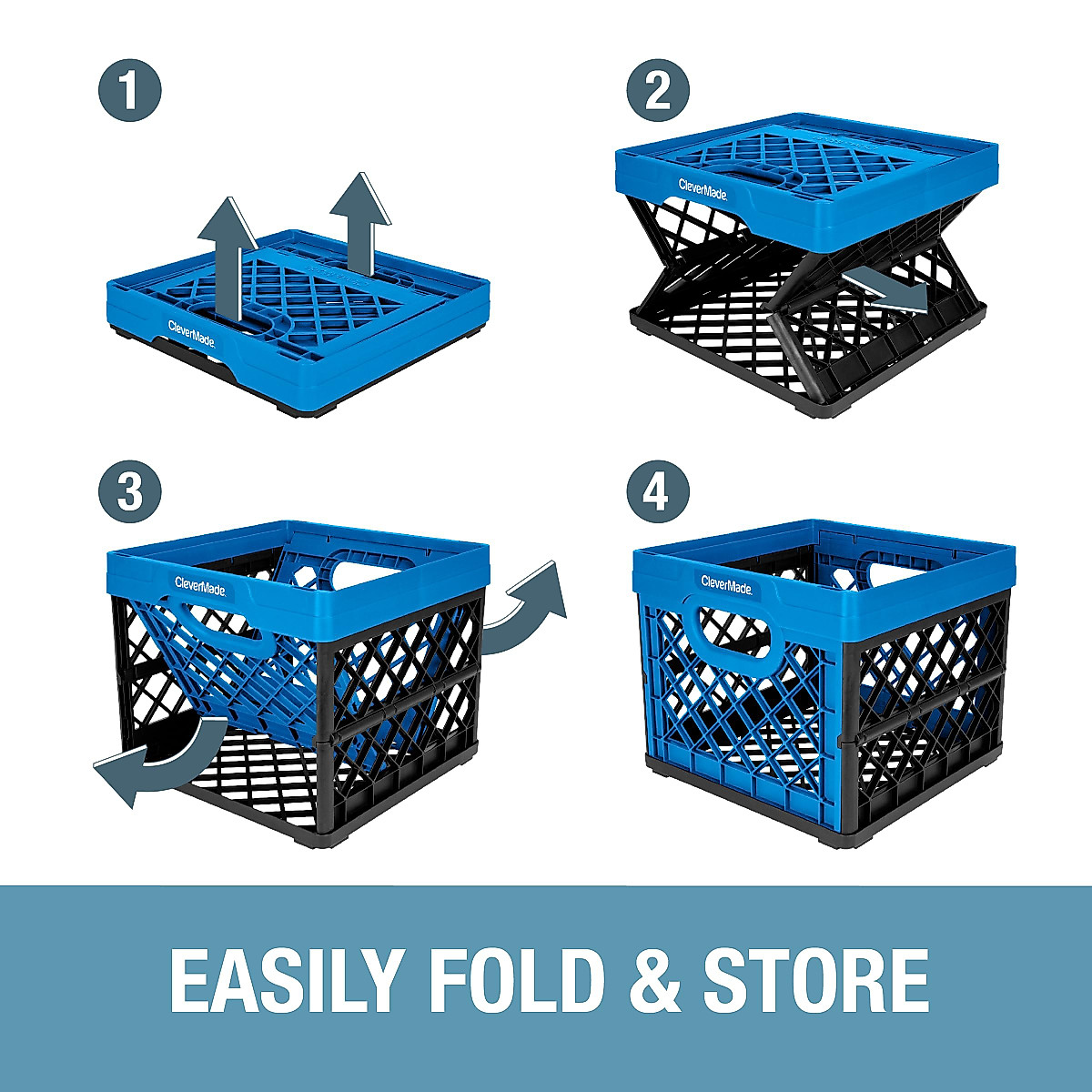 CleverMade Collapsible Milk Crate, Neptune Blue, 3PK - 25L (6 Gal) Stackable Storage Bins, Holds 50lbs Per Bin - Clevercrates are Heavy Duty, Plastic Collapsible Storage Crate for Multi Purposes