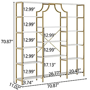 Loomie Triple Wide Bookshelf, 70.87" W/H Large Tall Etagere Bookcase, Modern 13-Open Shelves Geometric Bookshelf, Display Storage Metal Book Case, for Bedroom, Home Office & Living Room, Gold & White