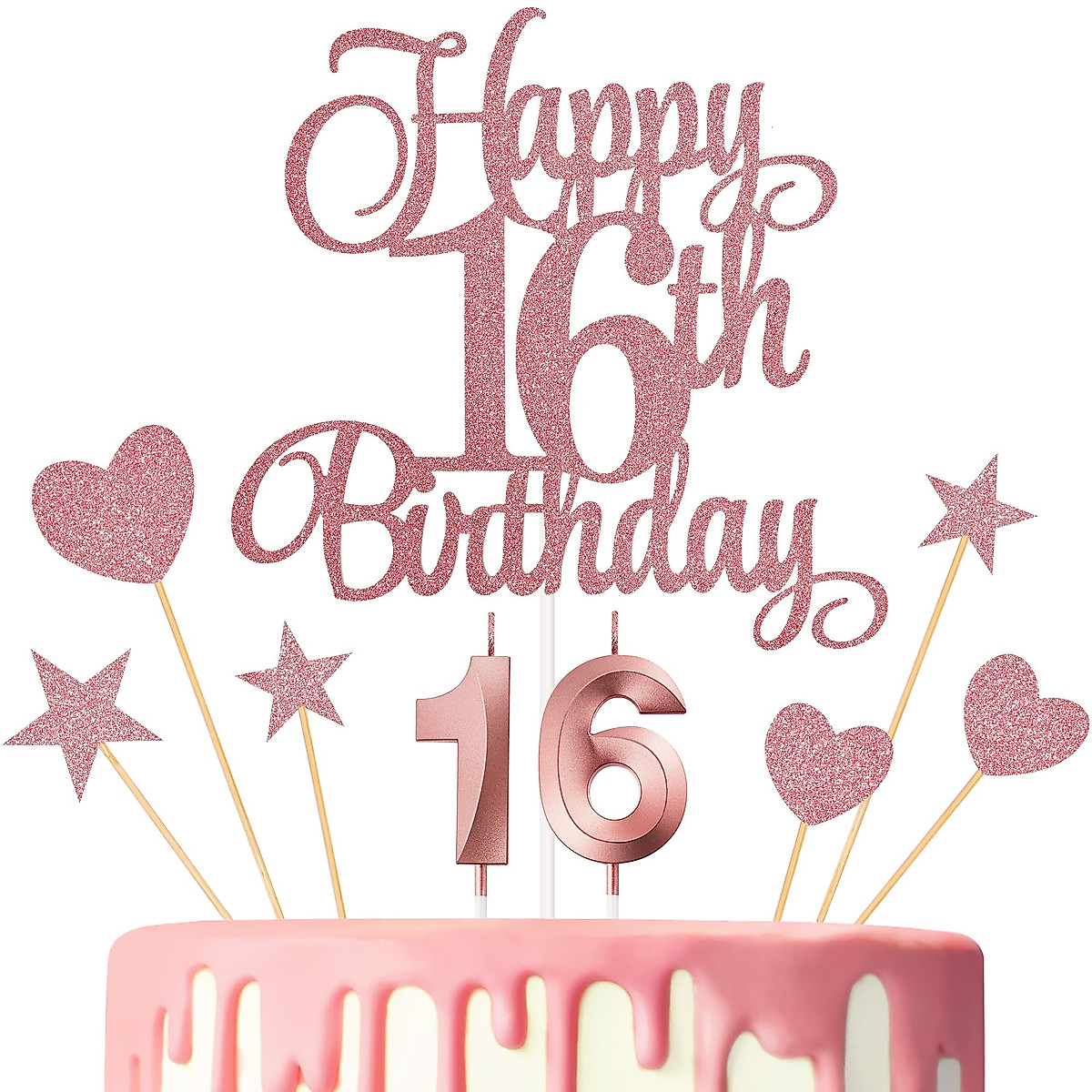 Lecferrarc 16th Birthday Cake Decorations, 16th Birthday Candles Cake Numeral Candles and Glitter Happy 16th Birthday Cake Toppers Set for Birthday Party Supplies (Rose Gold)