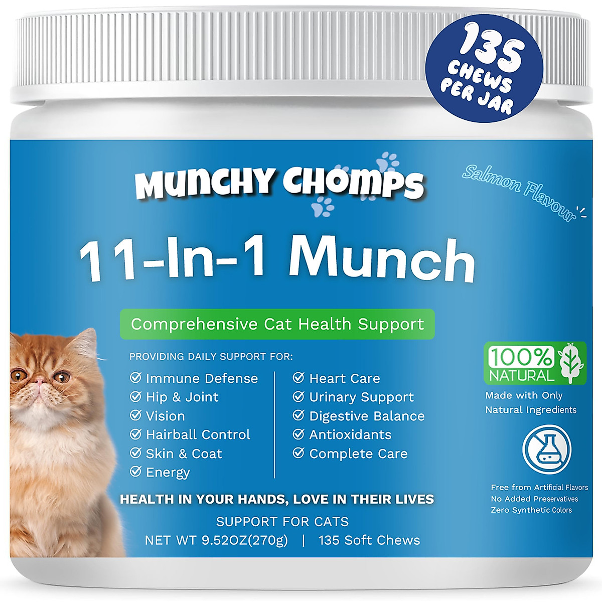 Munchy Chomps 11-in-1 Munch for Cats - Comprehensive Health Support with Multivitamins - Supports Immune, Joint, Skin & Digestive Health - Prevents Hairballs (Salmon)