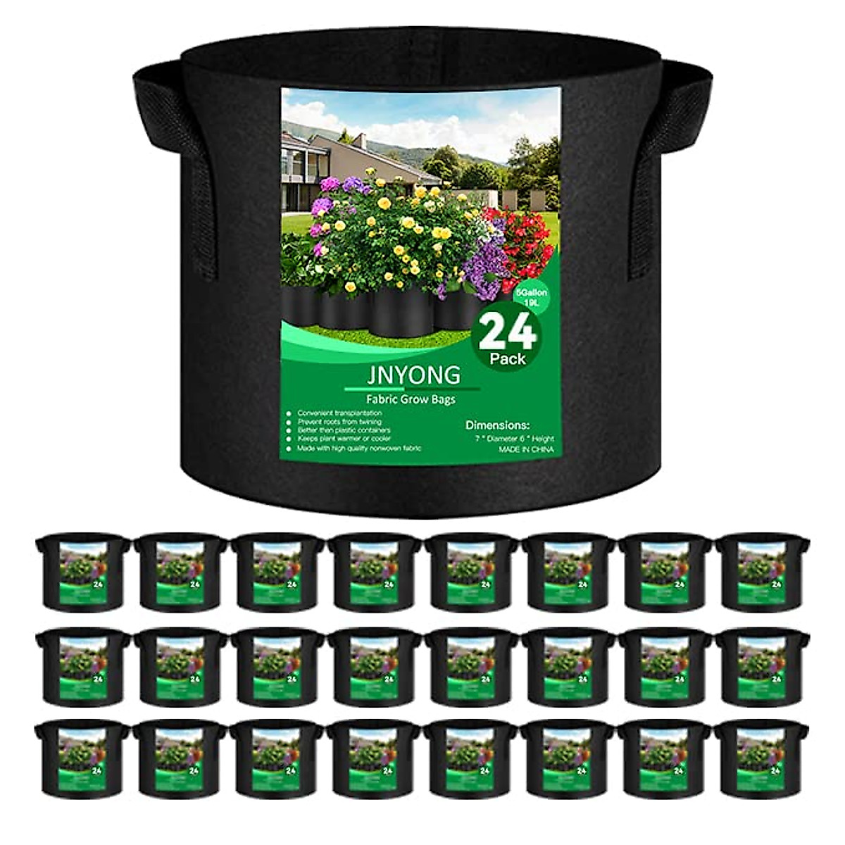JNYONG 24-Pack 5 Gallon Thickened Non-Woven Grow Bags, Aeration Fabric Pots with Handles