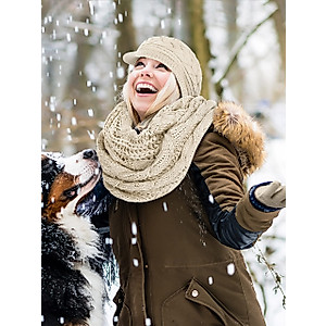 URATOT 3 Pieces Women Winter Hat Scarf Glove Set Warm Skull Beanie Hat with Visor Knitted Touch Screen Glove Scarf 3 In 1 Set