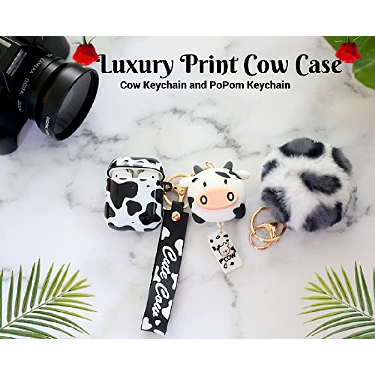 Redx1 Cow Airpod Case with Pompom and Strap Keychain Compatible with AirPods 2/1,Airpods Protective Hard Case Cover, Airpod Case for Women Girls Teen (Cow Print)