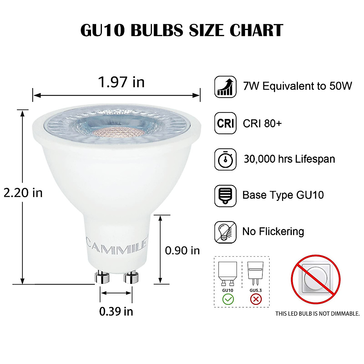 CAMMILE GU10 LED Light Bulbs, 50W Halogen Equivalent, Non Dimmable, 5000K Daylight White Natural Light, LED Bulb Replacement for Track&Recessed Lighting, AC120V Light Bulb 7W 630lm, Pack of 6