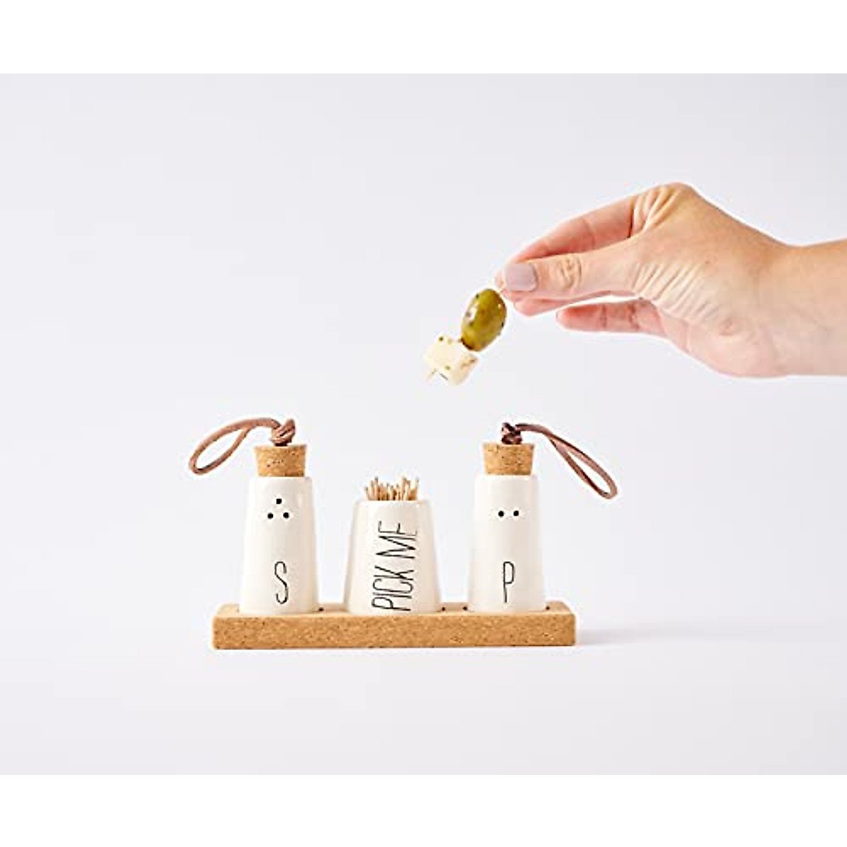 Mud Pie, Off-White Salt, Pepper & Toothpick Holder, Size: tray 2" x 6" | shakers 2 3/4" x 1 1/2" dia