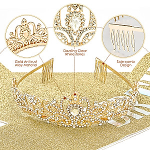Makone Gold Birthday Princess Crown with Birthday Queen Sash Tiaras for Women or Girls Crystal Headband Hair Accessories for Party Cake Topper