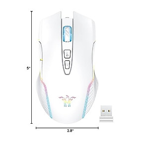 PHNIXGAM Rechargeable Wireless Gaming Mouse, Ergonomic RGB Computer Mouse with 2.4G Receiver, RGB Backlight, Adjustable DPI Up to 3600, 7 Buttons (Not Programmable) for Windows Vista Linux (White)