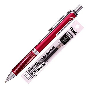 Pentel Energel Alloy RT Gel Pen Medium Point Metal Tip Ballpoint Pen Black ink + Refill (Red Body)
